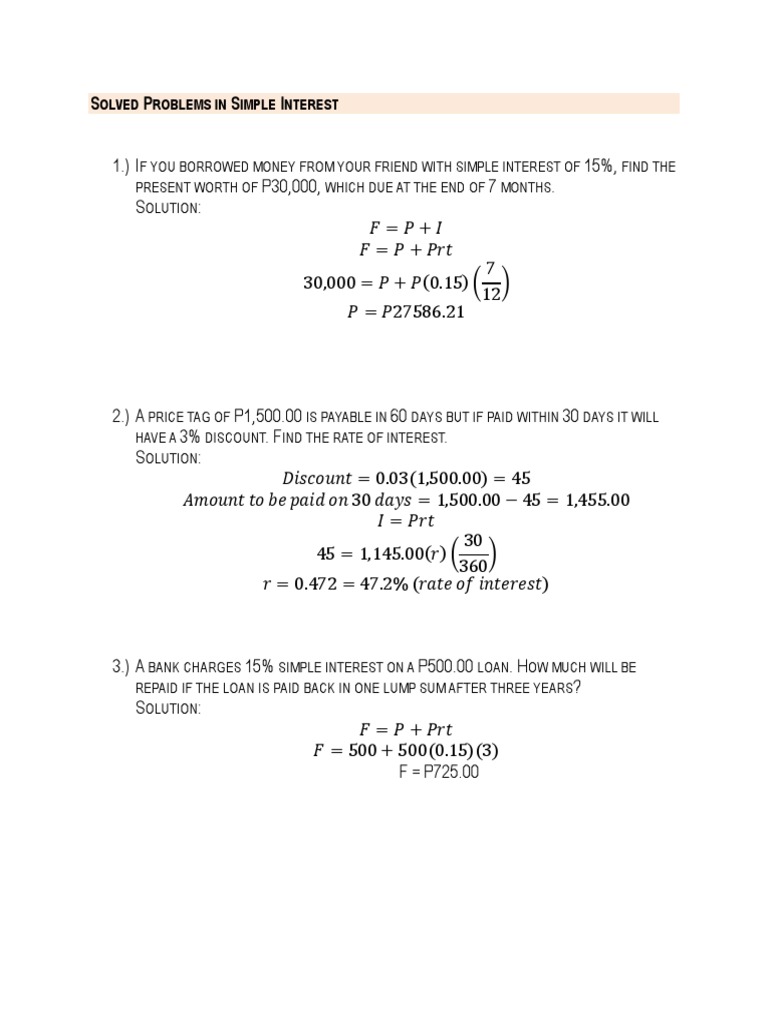 Solved Problems in Simple Interest | PDF | Interest | Loans