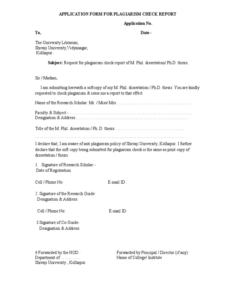 Application Form For Plagiarism Check Report | PDF