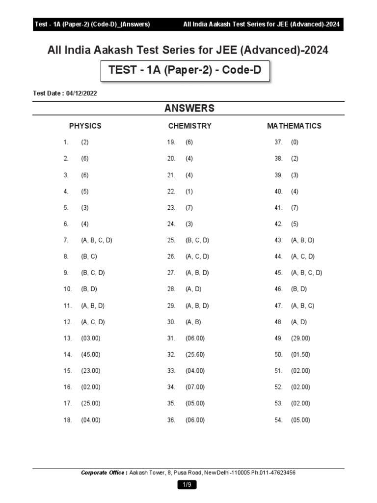 AIATS - JEE (A) 2024 - Test-1A - P-2 - (Code-D) - Ph-3 & 4 - 04-12-2022 ...