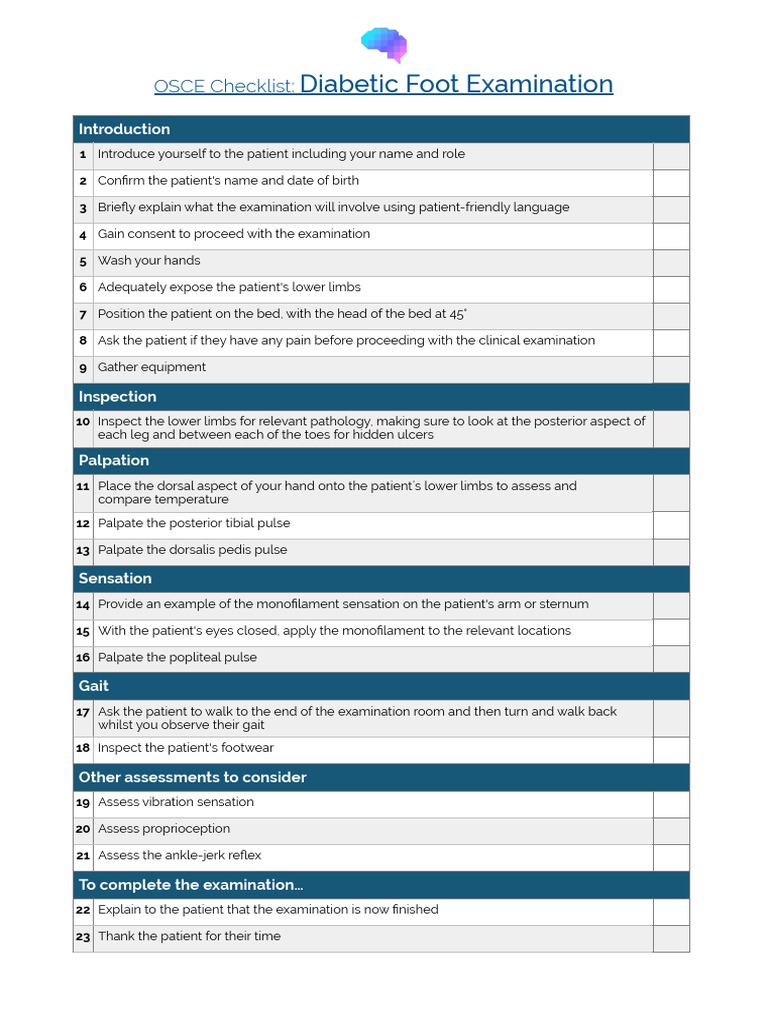 Diabetic Foot Examination OSCE Checklist | PDF | Science & Mathematics