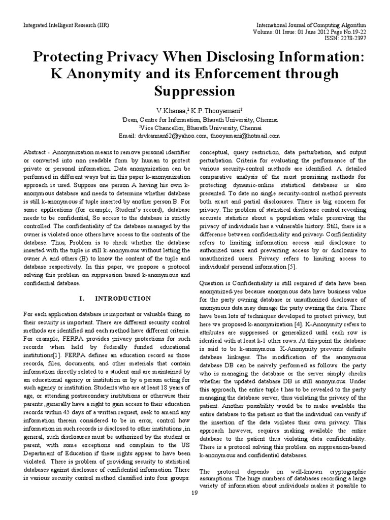 Protecting Privacy When Disclosing Information: K Anonymity and Its ...