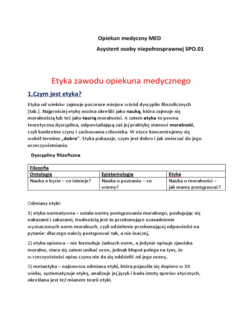 Etyka Opiekun Medyczny MED | PDF