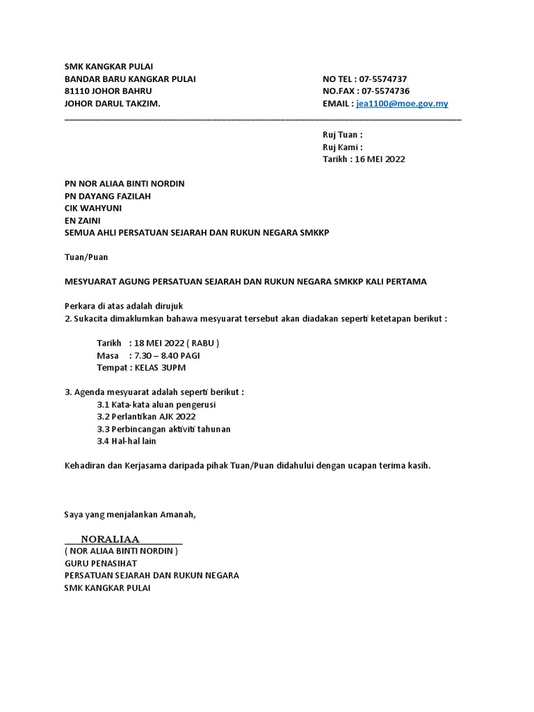 SURAT MESYUARAT Persatuan Sejarah SMK KANGKAR PULAI 2022 | PDF