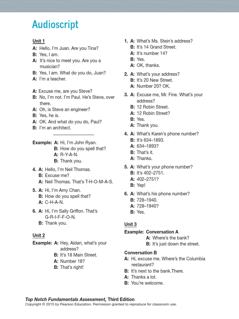 Top Notch Fundamentals Assessment Audioscript | PDF