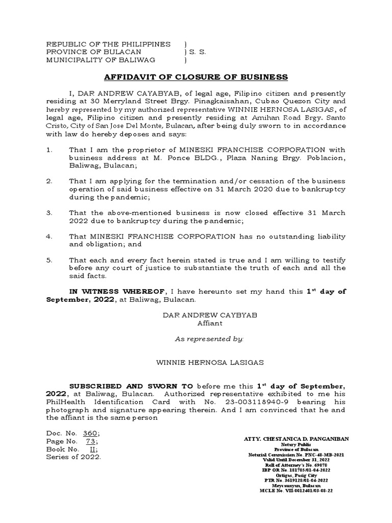 Affidavit of Business Closure for Mineski | PDF | Affidavit | Government