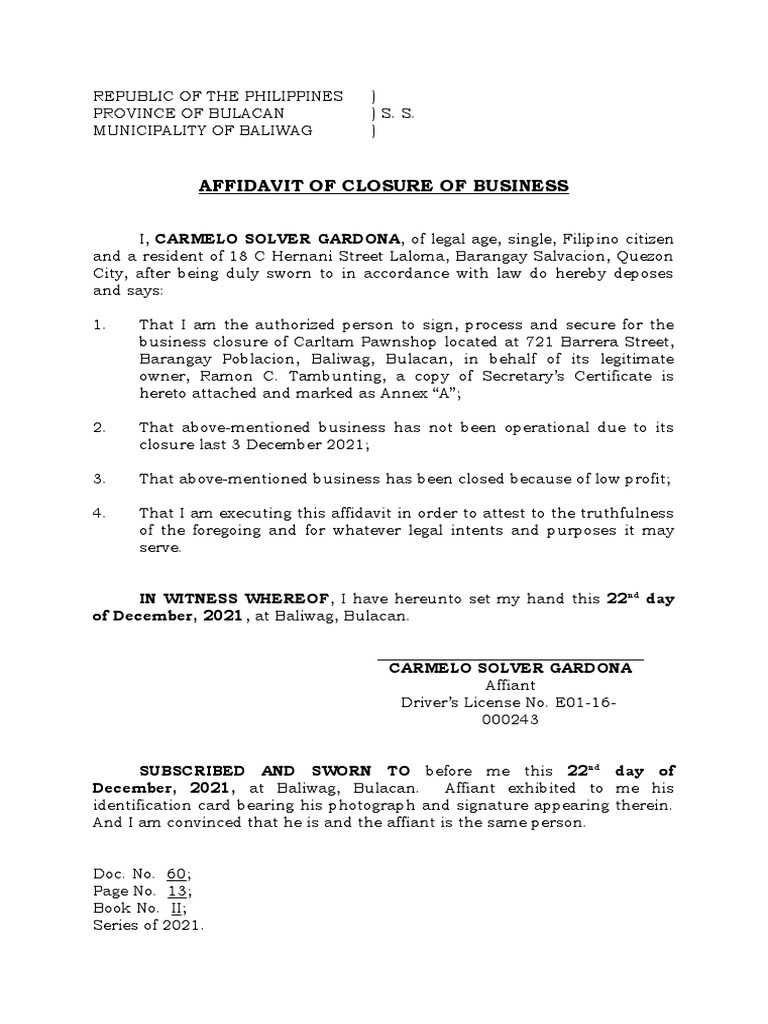 Affidavit for Business Closure in Baliwag | PDF