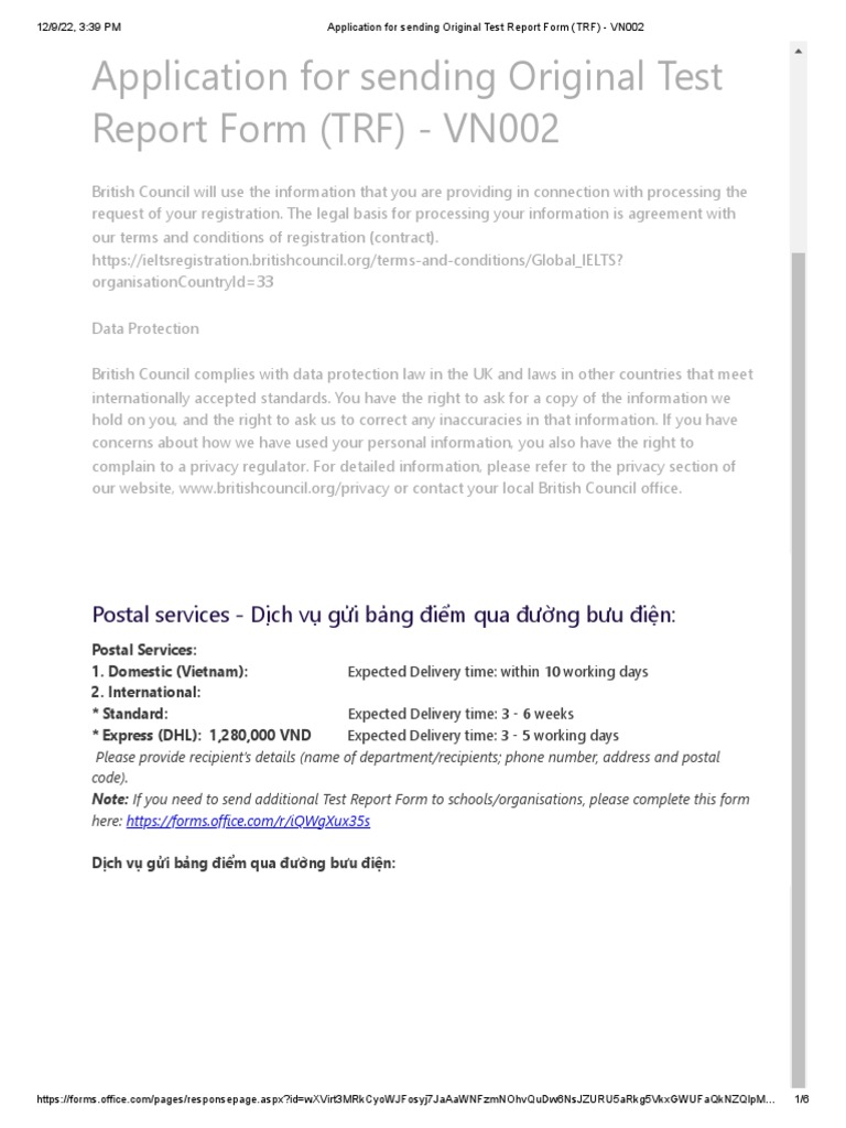 Application For Sending Original Test Report Form (TRF) - VN002 | PDF ...