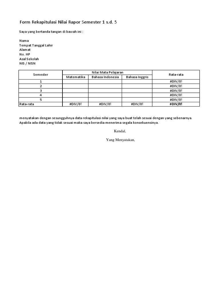 Form Rekapitulasi Nilai (File Ini Disatukan Dengan Scan Raport Dengan ...