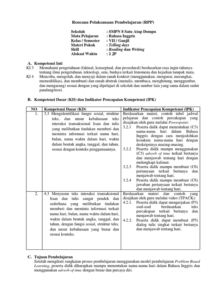 Contoh RPP Bahasa Inggris Materi Telling Days PPG 2022 Faisal SMPN 8 ...