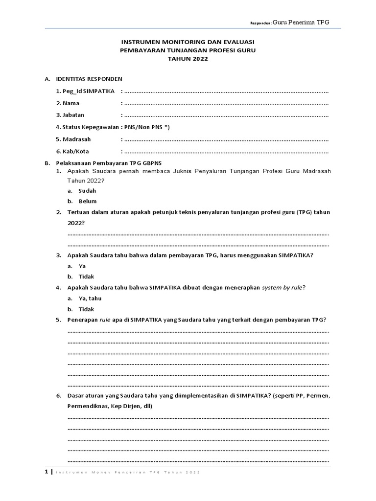 Instrumen Monev TPG 2022 - Guru | PDF