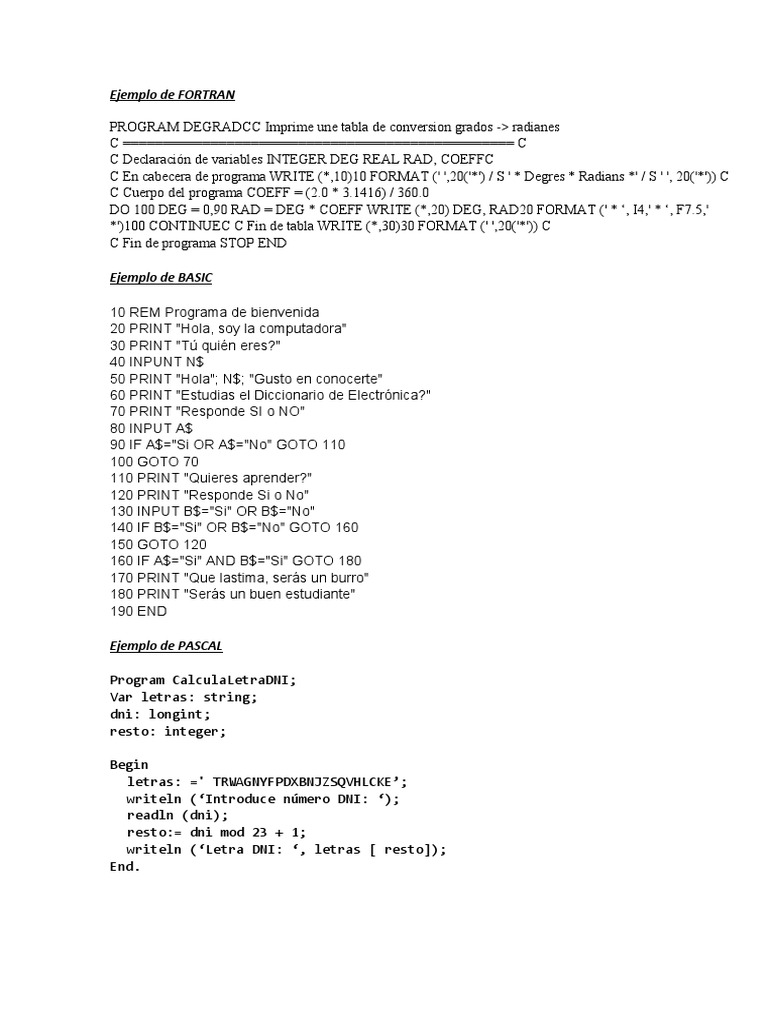 Ejemplo de FORTRAN, BASIC, PASCAL | PDF Ejemplo de FORTRAN, BASIC, PASCAL | PDF