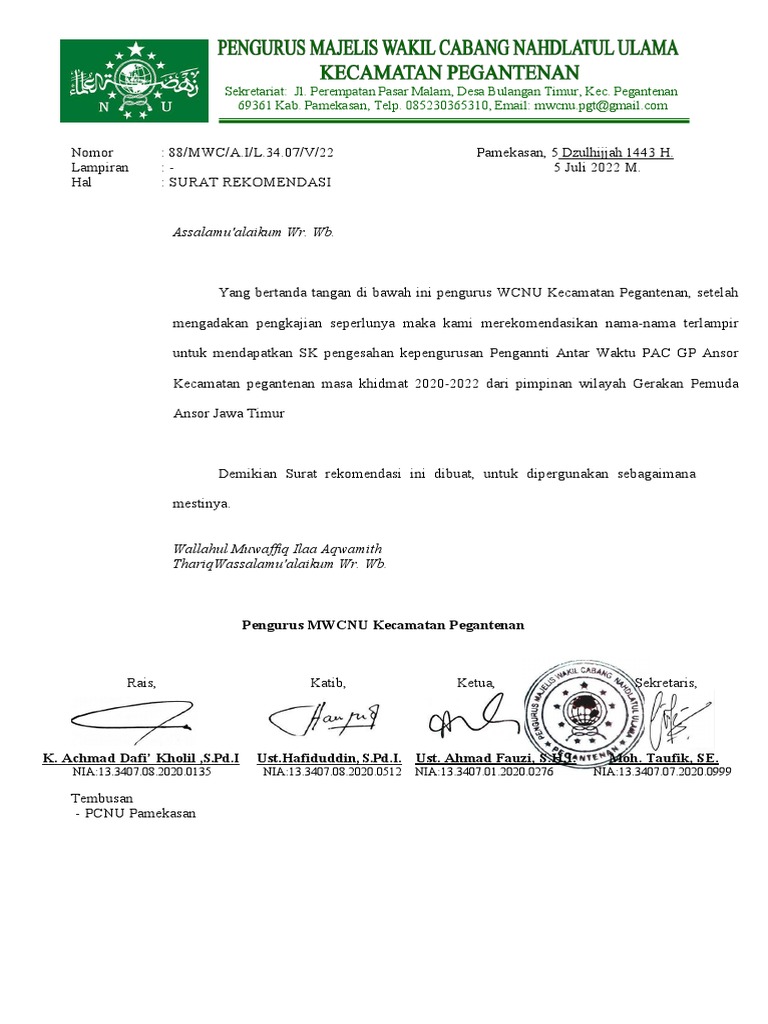 Surat Rekomendasi MWCNU | PDF