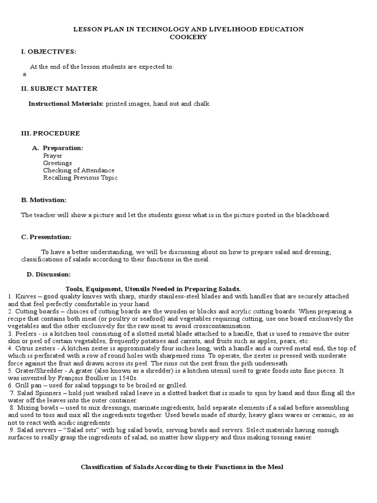 LESSON PLAN IN TLE (AutoRecovered) | Download Free PDF | Salad | Desserts