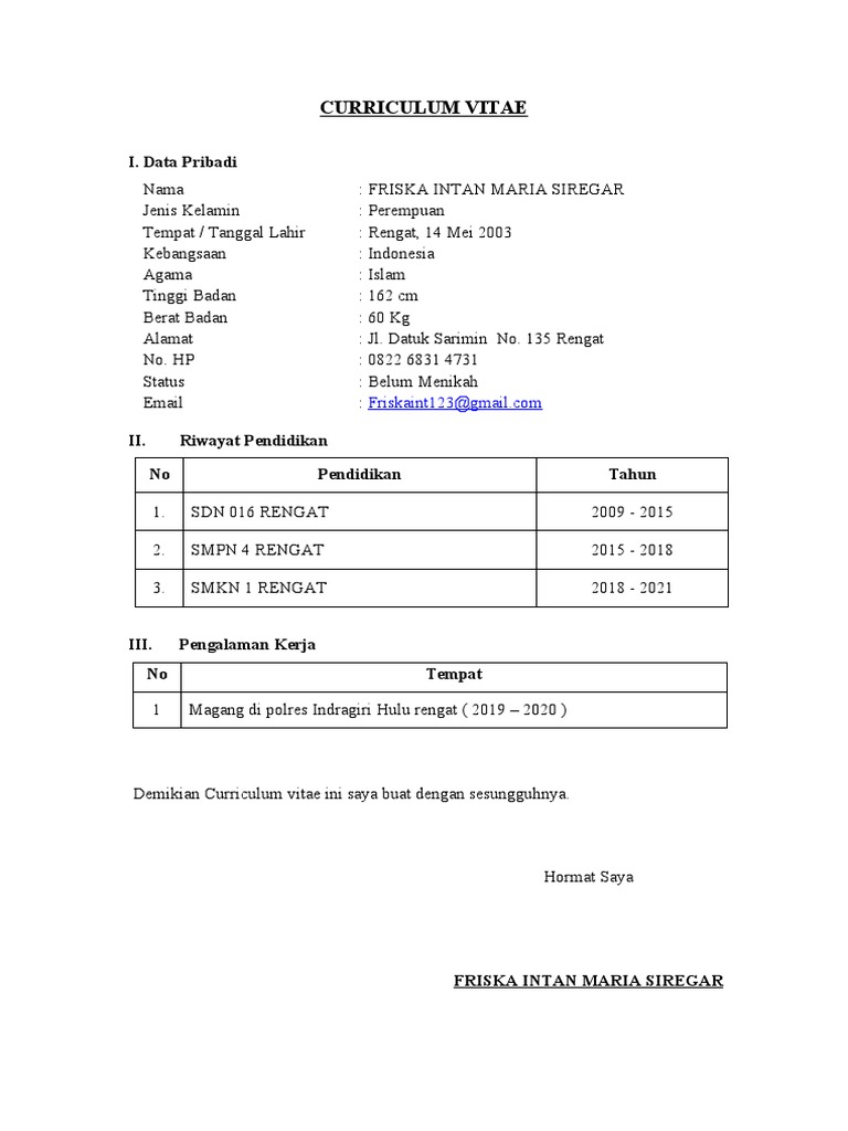 CV Friska Siregar: Profil & Pengalaman | PDF