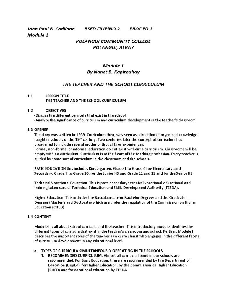 PCC Module 1 Prof Ed 1 | PDF | Curriculum | Teachers