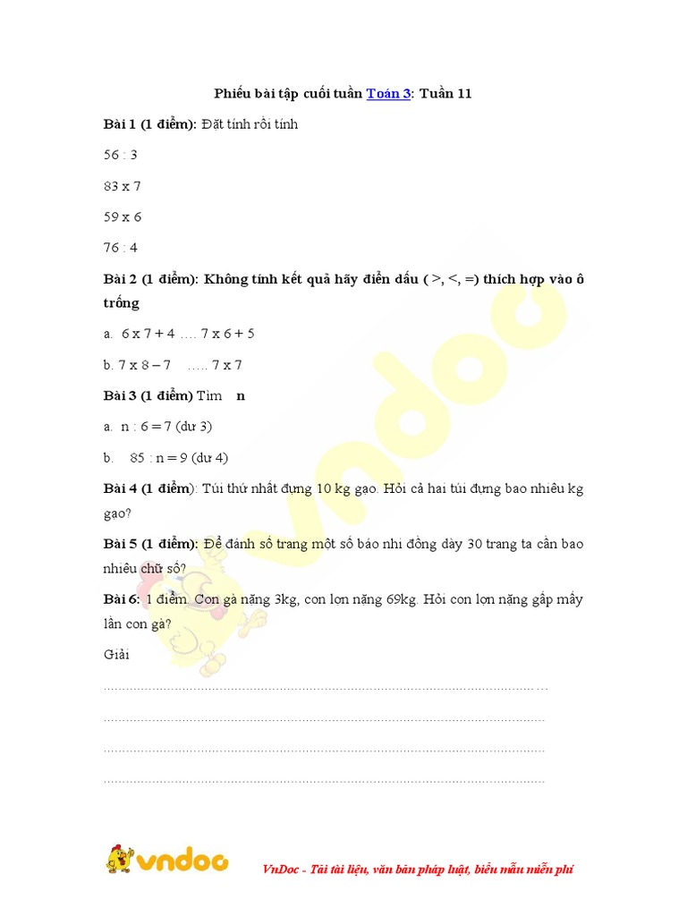 Phieu Bai Tap Cuoi Tuan Toan 3 Tuan 11 | PDF