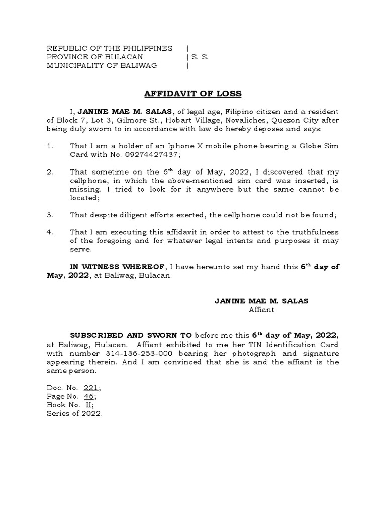 Affidavit of Loss - Cellphone With Sim Card | PDF