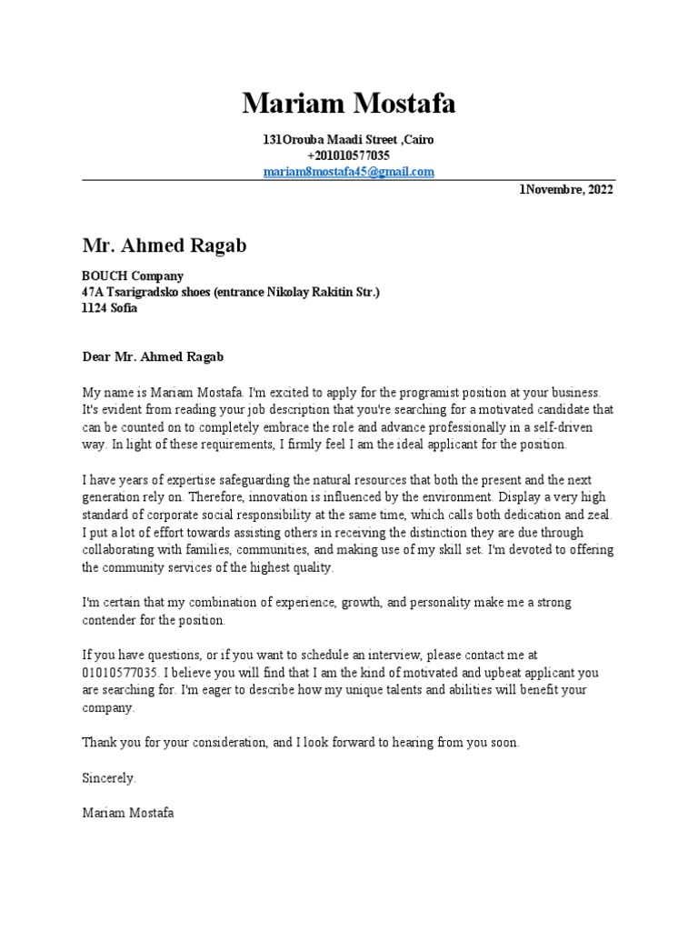 Cover Letter and CV Mariam Mostafa | PDF | Cognitive Science | Learning