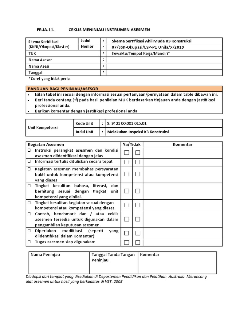 Ceklis Penilaian Asesmen K3 Konstruksi | PDF | Teknologi & Rekayasa