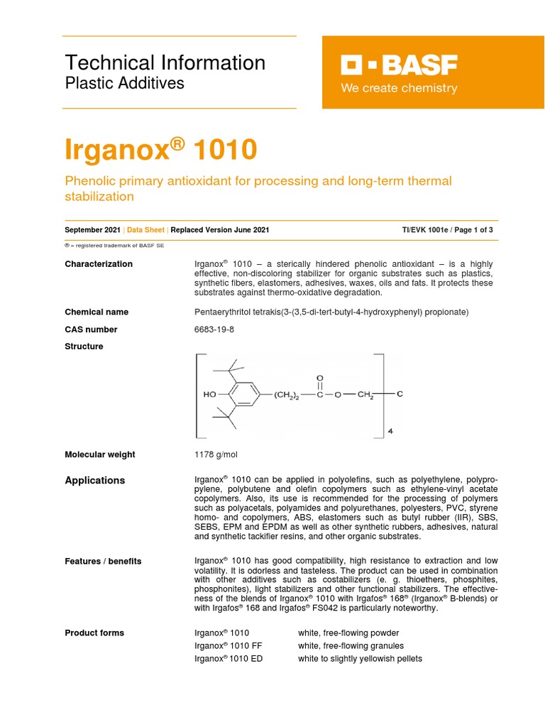TI EVK 1001e Irganox 1010 Sept2021 | PDF | Polymers | Polyethylene