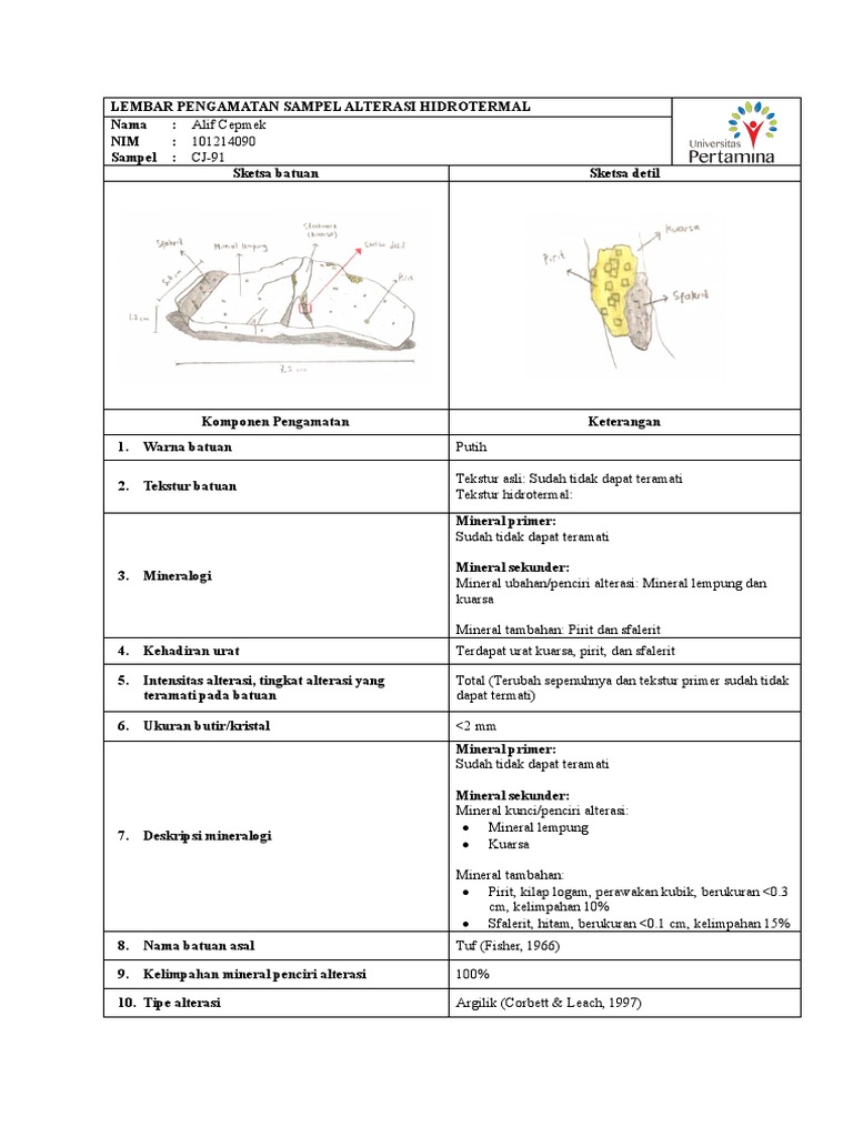 Contoh Lembar Pengamatan Alterasi Dan Mineralisasi Universitas ...