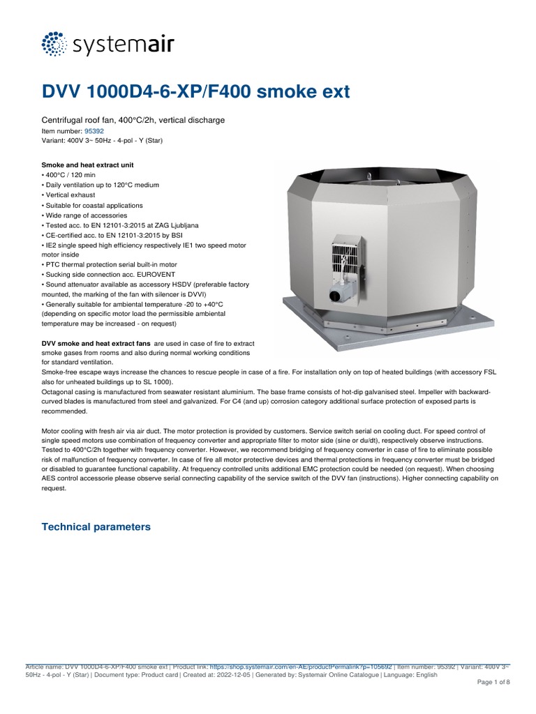 Systemair DVV 1000D4-6-XP F400 Smoke Ext | Download Free PDF | Duct ...