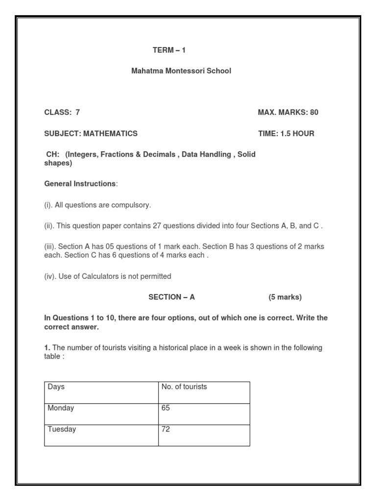 Half Yearly Exam of Class Vii | PDF | Mean | Mathematics
