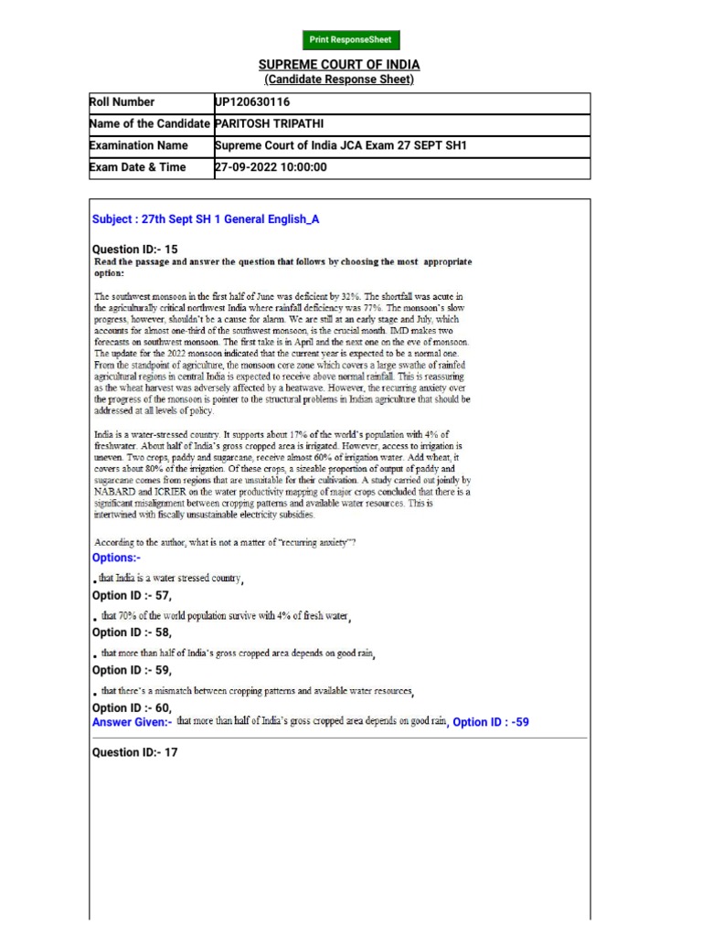 Response Sheet Supreme Court JCA Question Paper | PDF | Qualifications ...