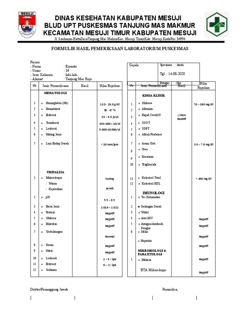Formulir Hasil Pemeriksaan Laboratorium | PDF