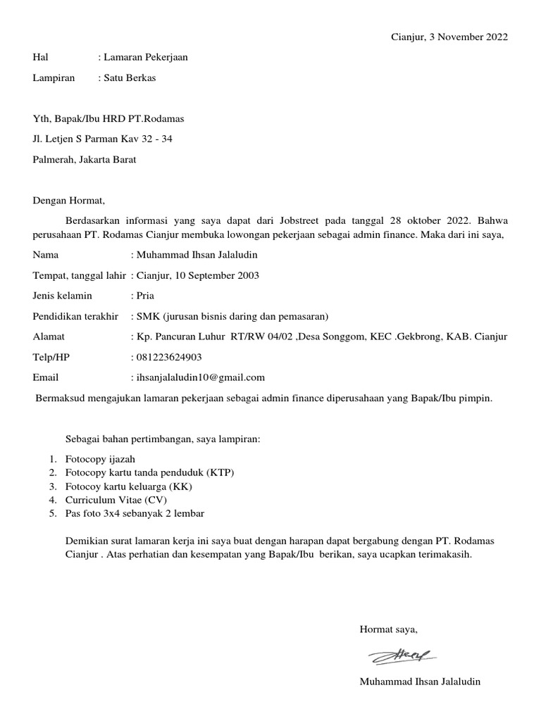 Lamaran Admin Finance | PDF