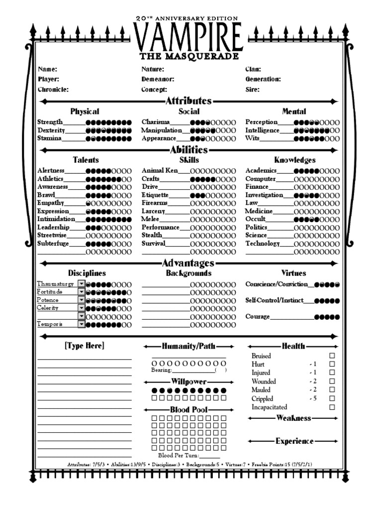 Vampire - The Masquerade 20th Aniversary Character SheetTransform | PDF