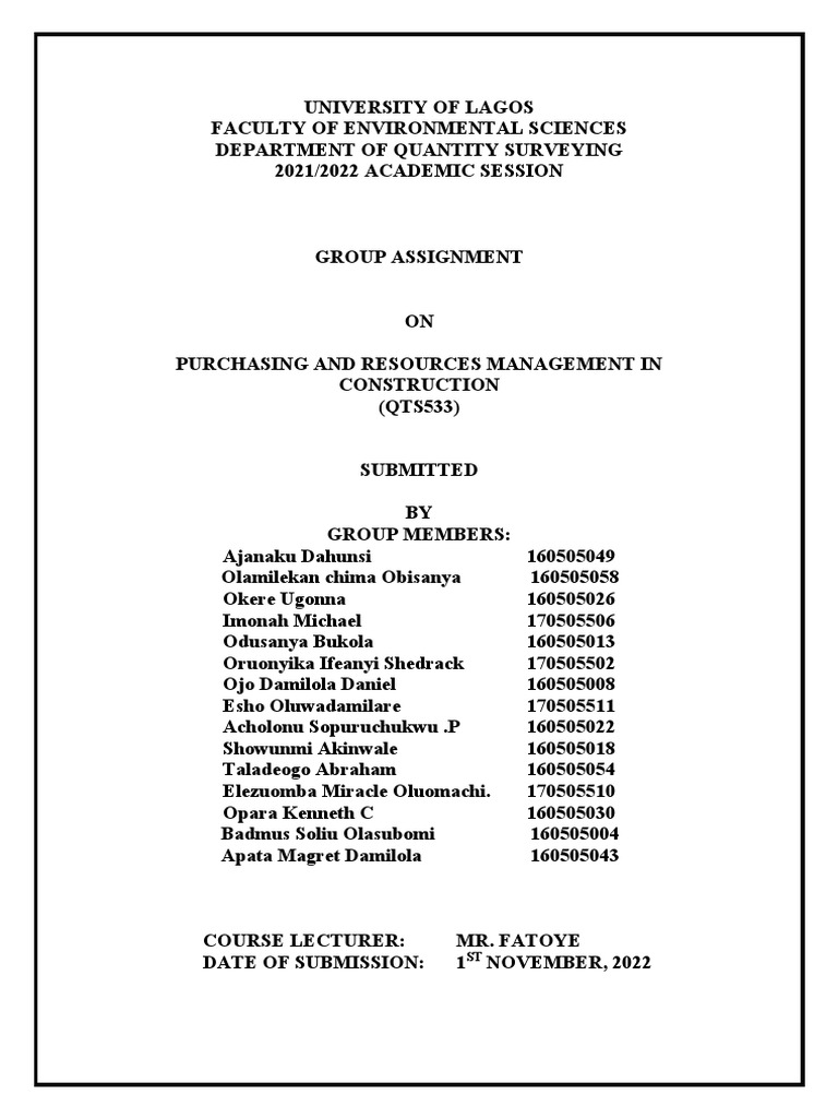 University of Lagos Group Assignment on Purchasing and Resources Management in Construction ...