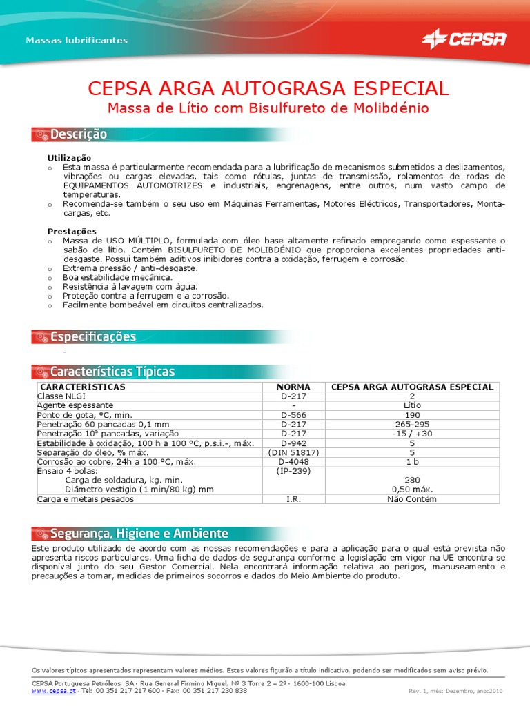 Cepsa Arga Autograsa Especial | PDF | Molibdênio | Corrosão