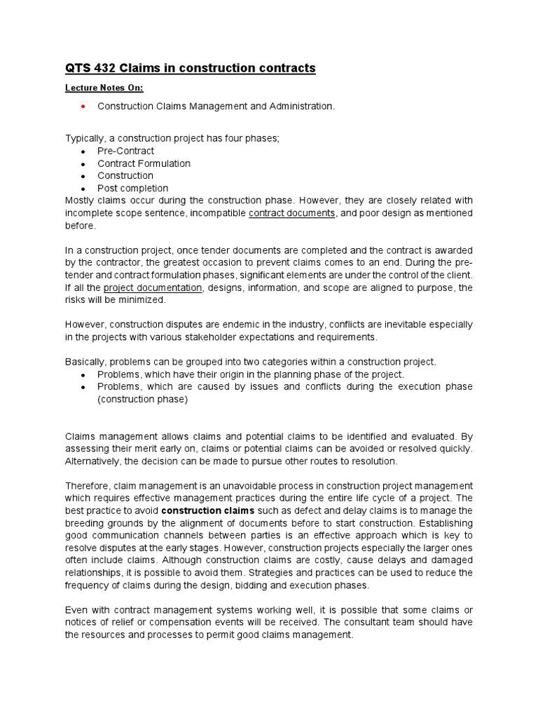 LECTURE NOTE - CONSTRUCTION Claims Management | PDF | Mediation | Economies