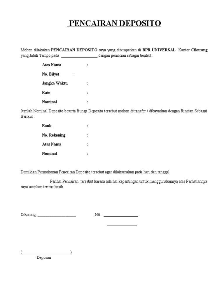 Surat Permohonan Pencairan Deposito | PDF | Pengelolaan Keuangan & Uang