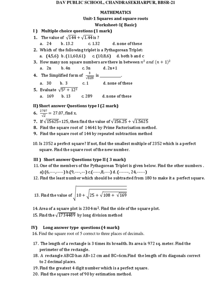 Cls 8-Square and Square Root Worksheet | PDF | Area | Square Root