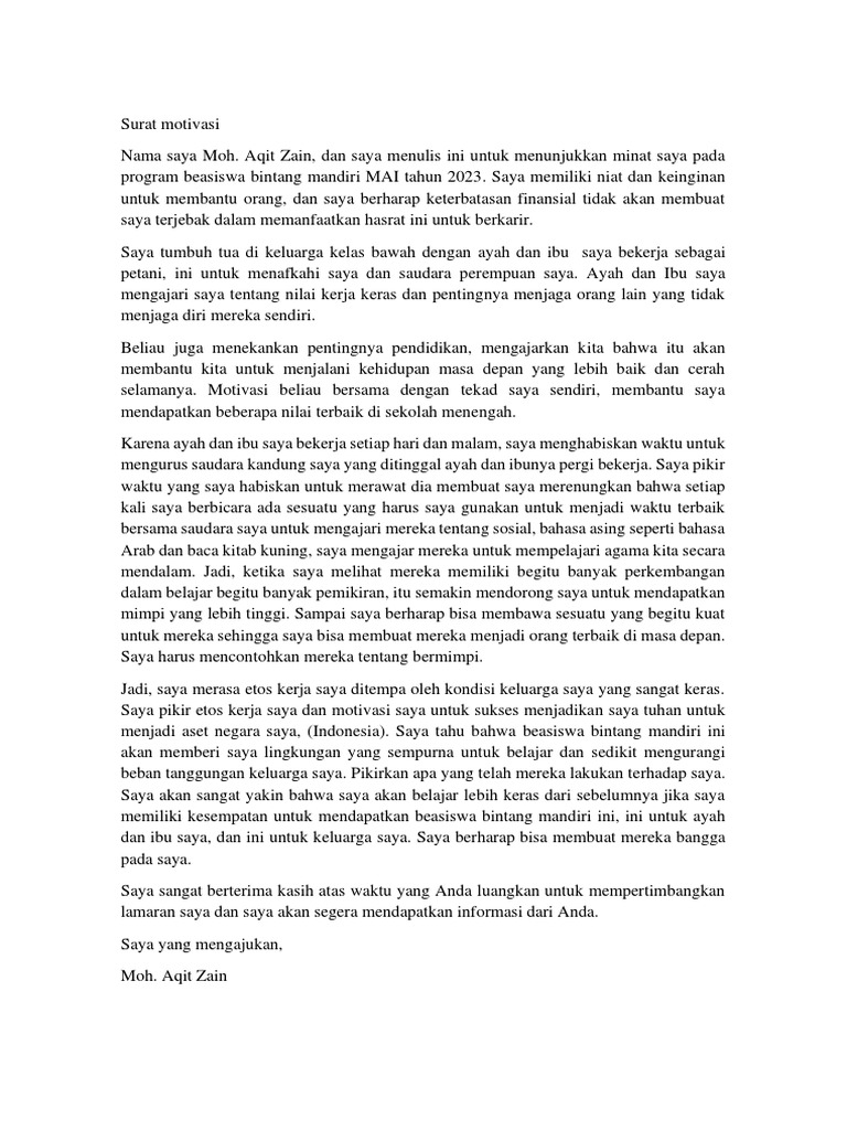 Motivation Letter Moh. Aqit Zain | PDF | Pengembangan Diri