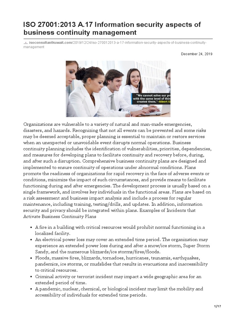ISO 270012013 A17 Information Security Aspects of Business Continuitynbspmanagement | PDF ...