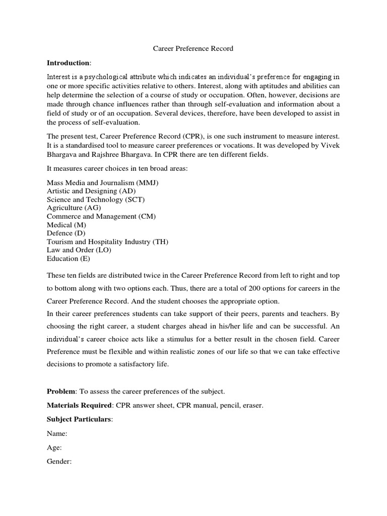 Career Preference Record Intro For Class 12 | PDF | Cognitive Science | Psychology