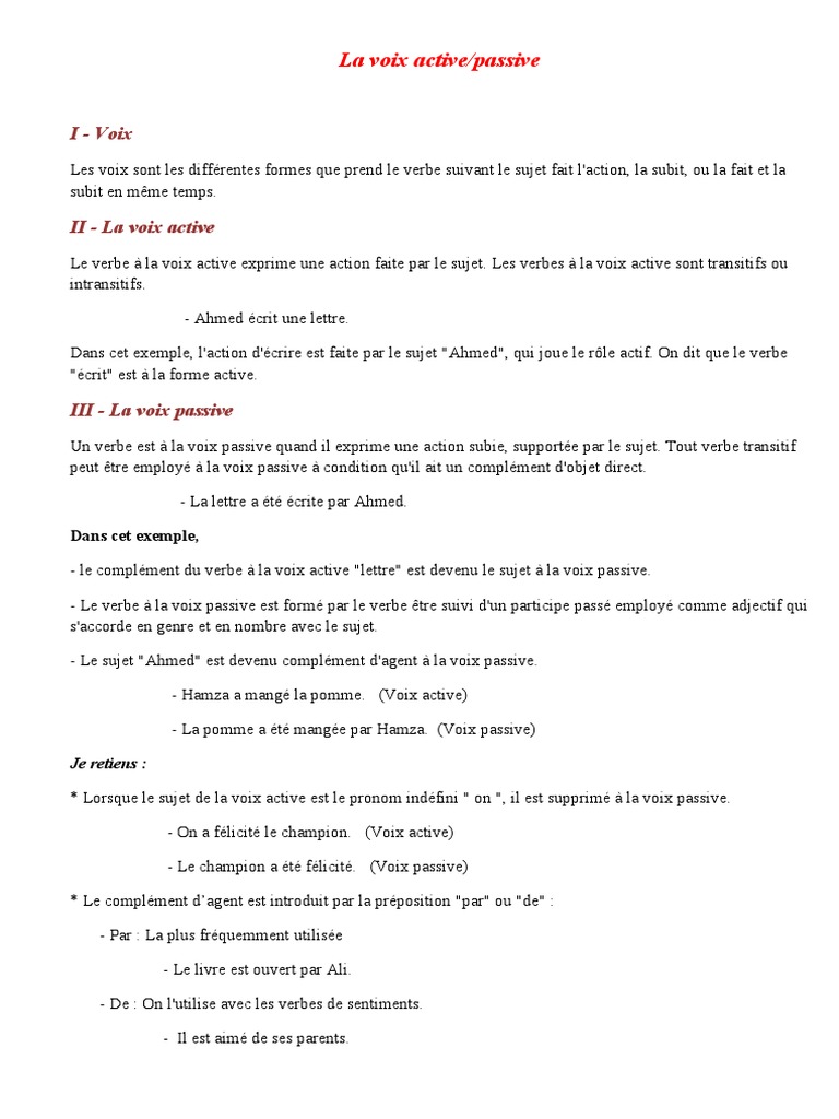 Voix Active et Passive : Guide Complet | PDF | Sujet (Grammaire) | Verbe