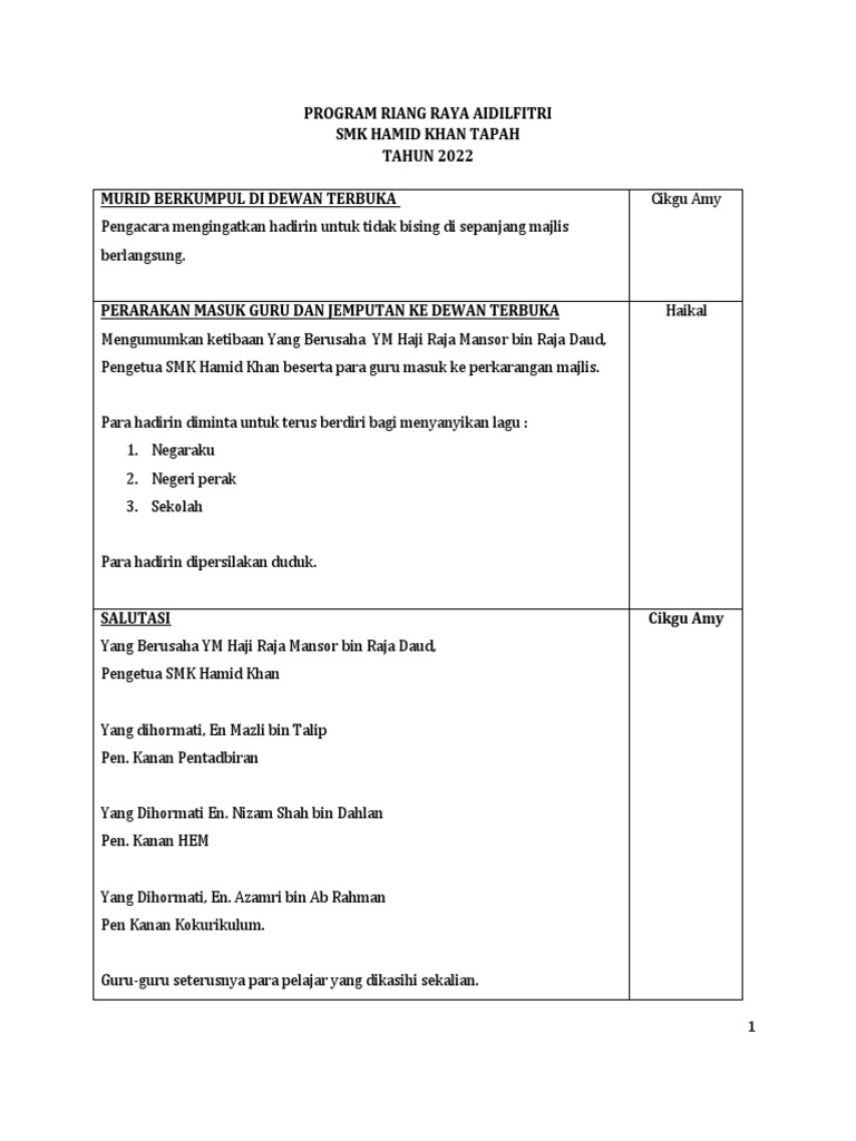 Teks Pengacara Majlis Program Riang Raya Aidilfitri | PDF Teks Pengacara Majlis Program Riang Raya Aidilfitri | PDF