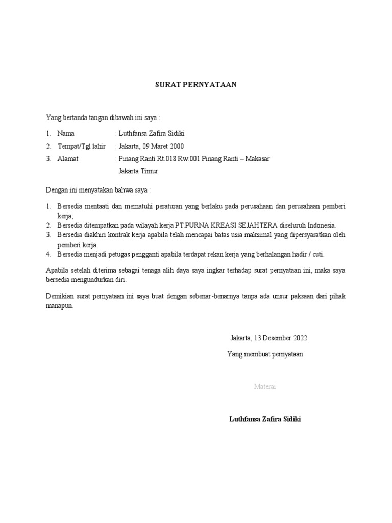 SURAT PERNYATAAN PKS Luthfansa | PDF