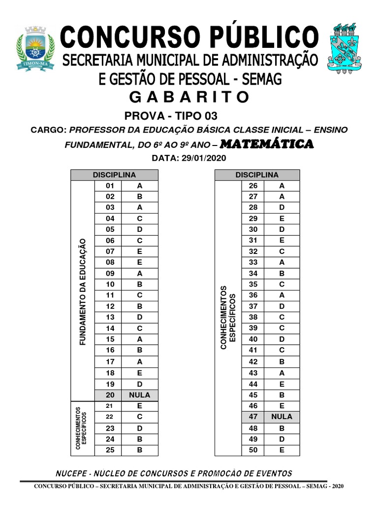 Gabarito Prova Matemática SEMAG 2020 | PDF