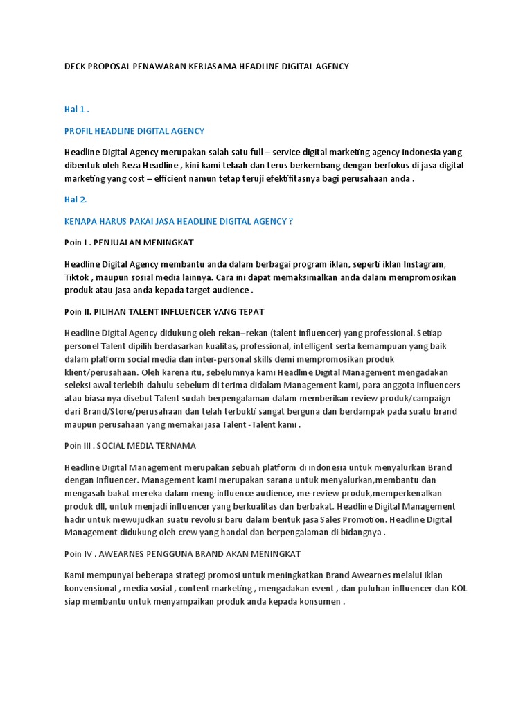 Proposal Kerjasama Headline Digital Agency | PDF | Bisnis | Pengelolaan ...