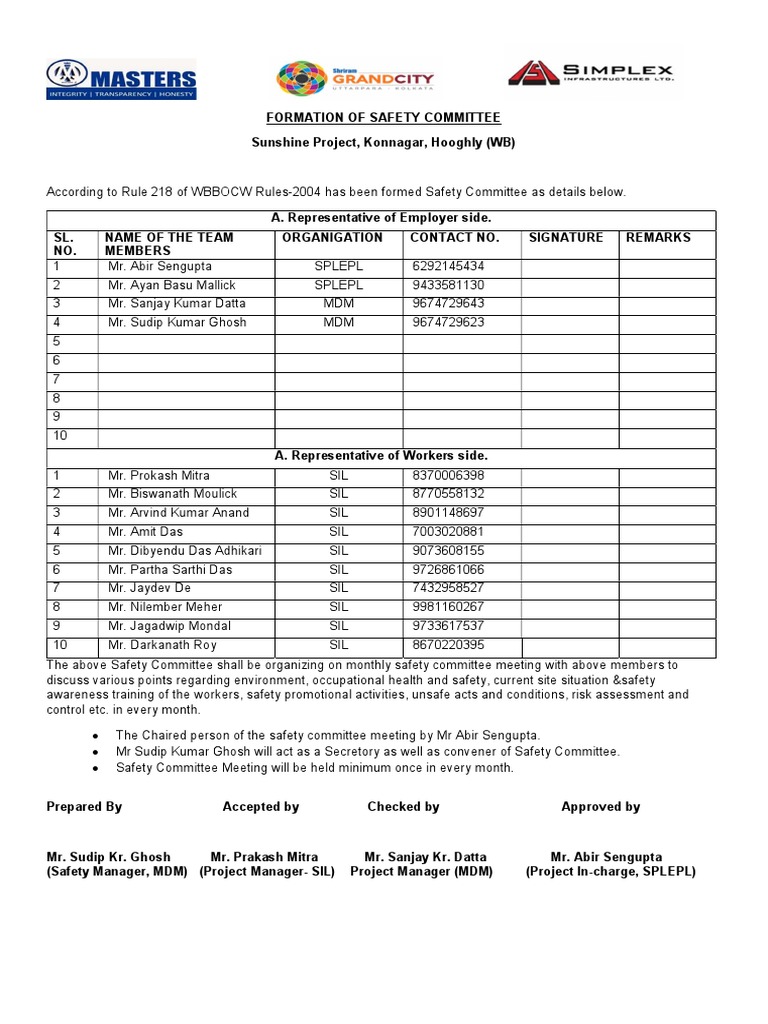 Safety Committee Formation Details | PDF | Safety | Working Conditions