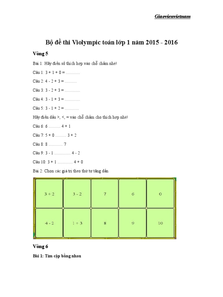 Bộ đề thi Violympic toán lớp 1 năm 2015 - 2016: Giaovienvietnam | PDF