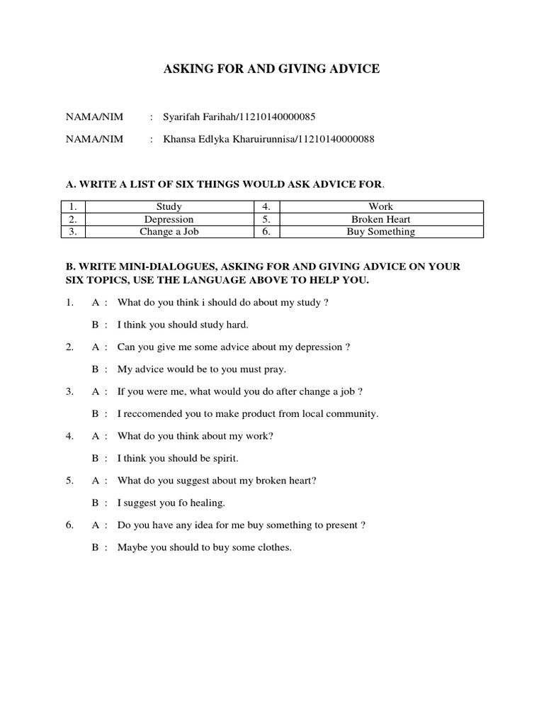 Asking For and Giving Advice | PDF