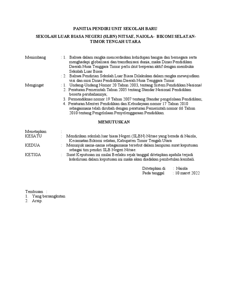 SK Pendirian SLB Negeri Nitsae | PDF