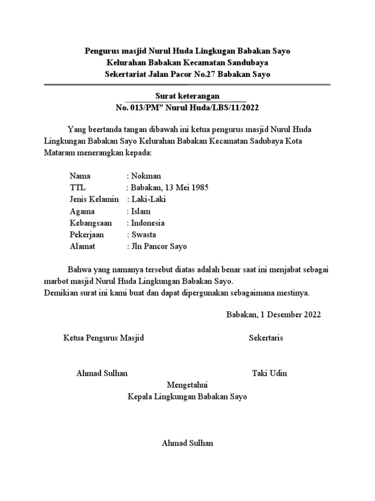 Surat Keterangan Kepengurusan Masjid | PDF