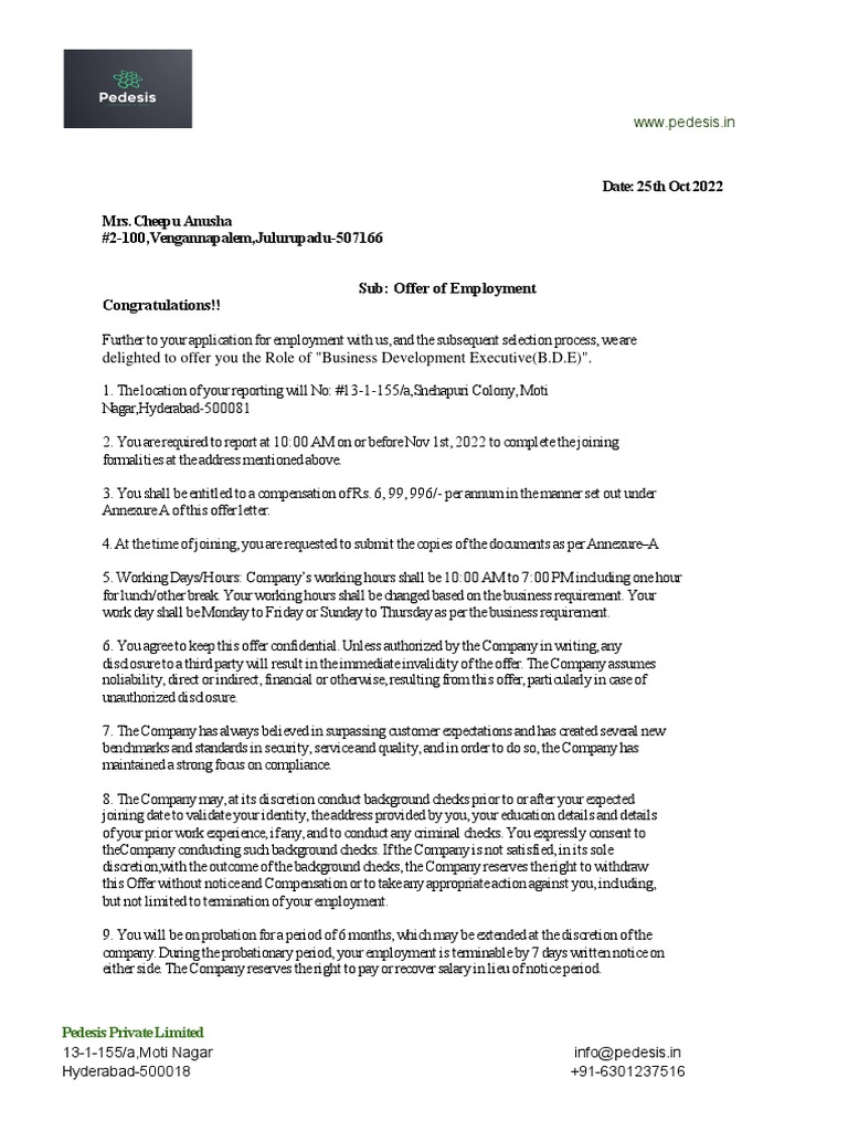 Offerletter | PDF | Employment | Background Check